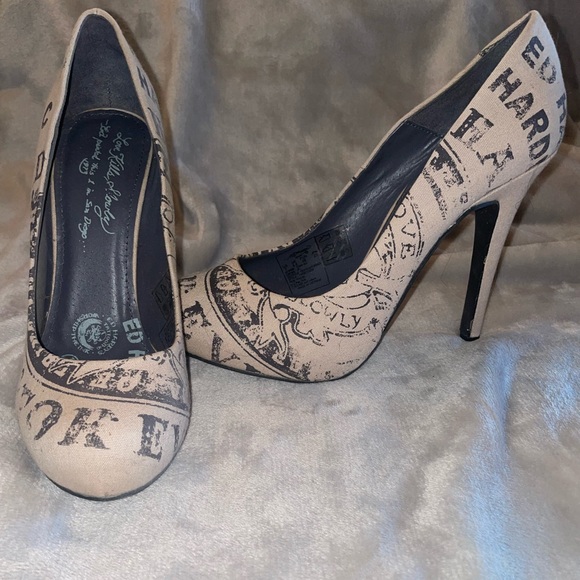 Ed Hardy | Shoes | Ed Hardy Heels Tan With Black Lightly Worn | Poshmark